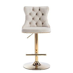Aoowow Swivel Bar Stools Set of 2,Adjustable Barstools with Back Velvet Tufted Counter Stool Modern Upholstered Bar Chairs with Nailhead for Kitchen Island Restaurant Pub Counter (Beige-Gold)