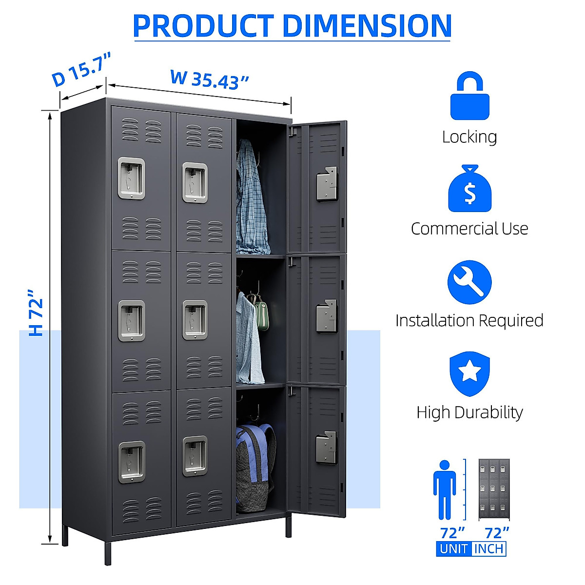 SUPEER 9 Doors Metal Storage Locker with 27 Hooks,Metal Lockers for Employees with Lock for School Office Gym Bedroom,Assembly Required,Dark Grey