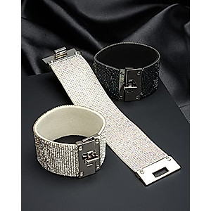 Badgley Mischka Women's Bracelet - Crystal Studded Leatherette Box Clasp Bangle Cuff Wrap Wristband, White
