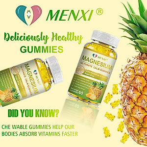 Magnesium Glycinate Gummies 400mg, Sugar Free Magnesium Taurate, Magnesium Malate Supplement with Vitamin D, B6, CoQ10 for Relaxation, Stress Relief, Muscle, Bone & Sleep Support- 60 Pineapple Gummies