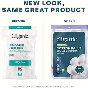 Cliganic Super Jumbo Cotton Balls (200 Count) - Hypoallergenic, Absorbent, Large Size, 100% Pure (Packaging May Vary)