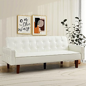 IULULU Futon Sofa Bed, Modern Convertible Faux Leather Sleeper Couch with Armrests for Studio, Office, Apartment, Compact Living, Game Room, Overnight Guests, White