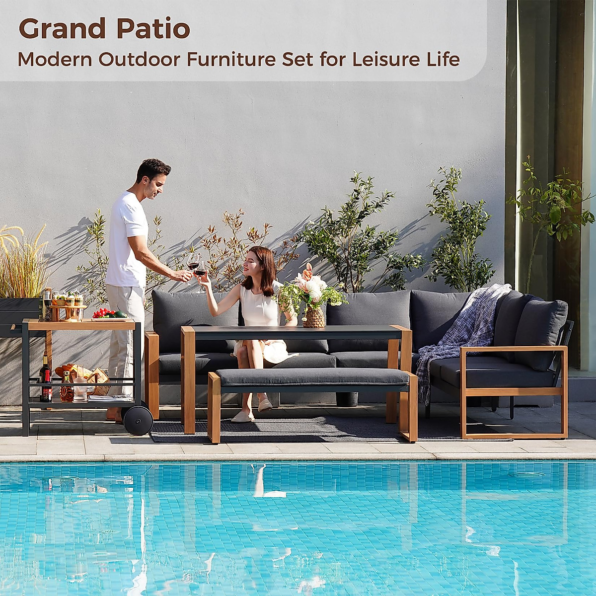 Grand patio 4-Piece Aluminum Patio Furniture Set, L Shaped Outdoor Sectional Couch with Dining Table and Bench, Modern Outdoor Conversation Corner Sofa with Chaise, Faux Wood Grain Finish