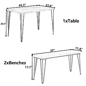 Voohek Dining Table Set with 2 Benches Rustic Kitchen Farmhouse Furniture w/Iron Frame for 4 in Small Places, Gold