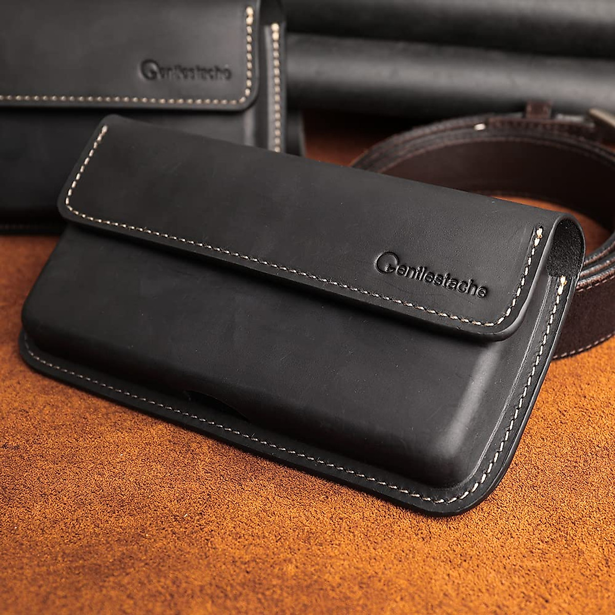 Gentlestache X-Large Leather Phone Holster for iPhone 14 Pro Max, Horizontal Cell Phone Case for Galaxy S23 Ultra S23 Plus, Phone Belt Holder with Belt Clip for Phone with Protective Case