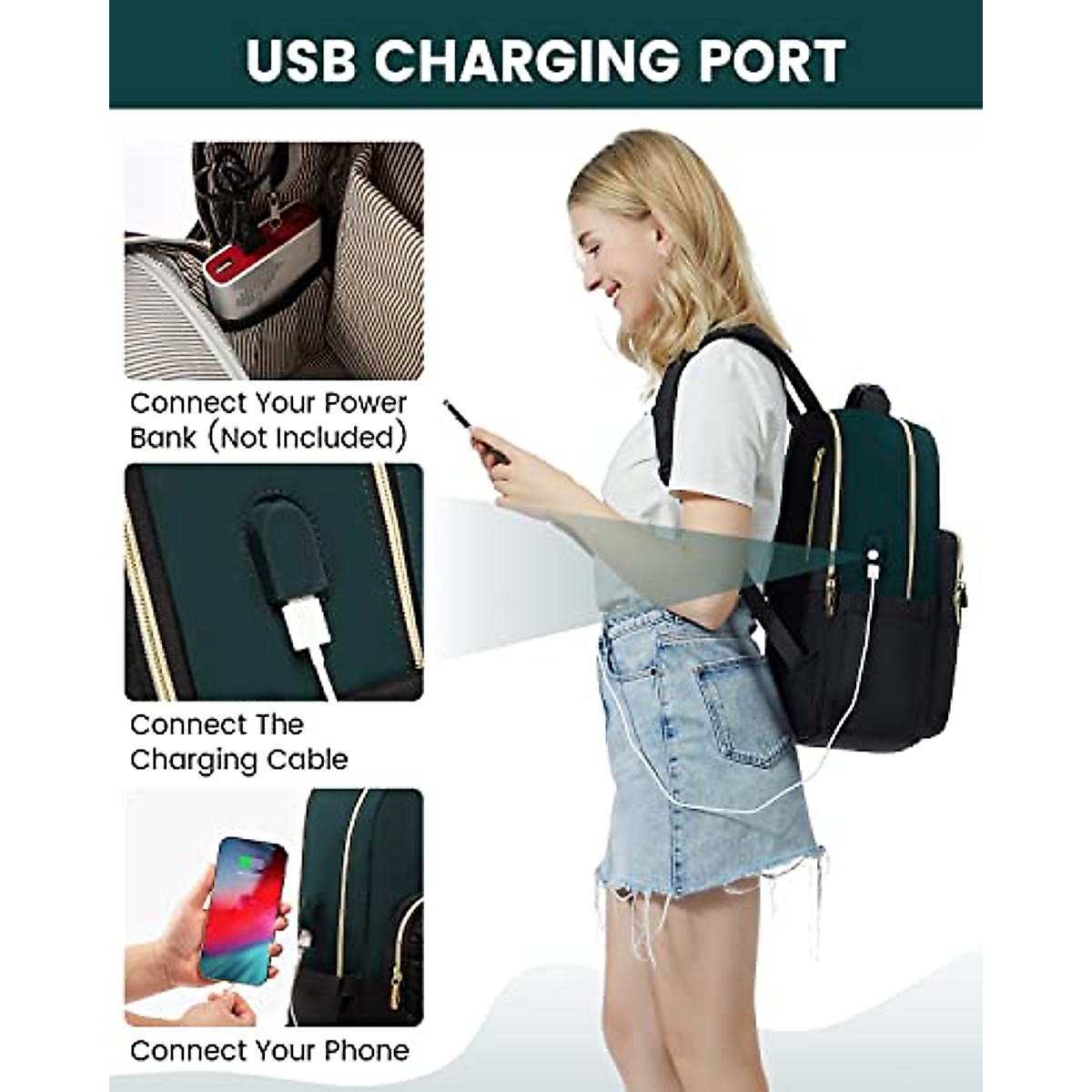 LOVEVOOK Backpack for Women fit 15.6-inch Laptop, Cute Backpack Purse with USB Port, Waterproof Travel Work Bag, Fashion Doctor Professor Nurse College Backpack, Dark Green-Black