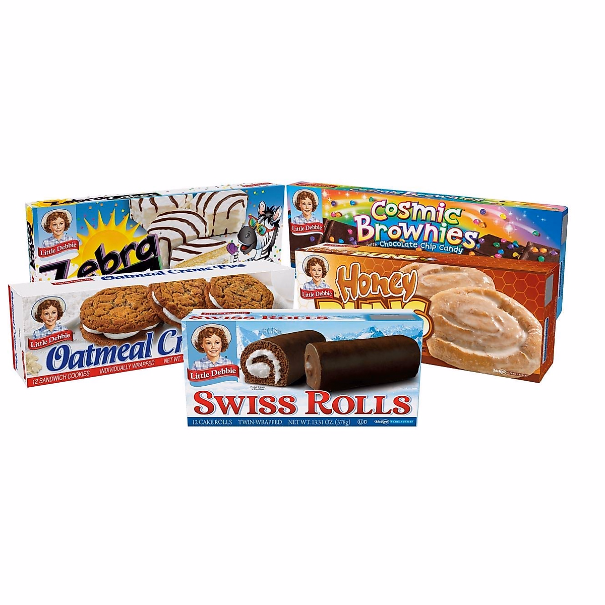 Little Debbie Variety Pack, 1 Box Each Of Zebra Cakes, Cosmic Brownies, Honey Buns, Oatmeal Creme Pies, and Swiss Rolls, 48 Piece Assortment
