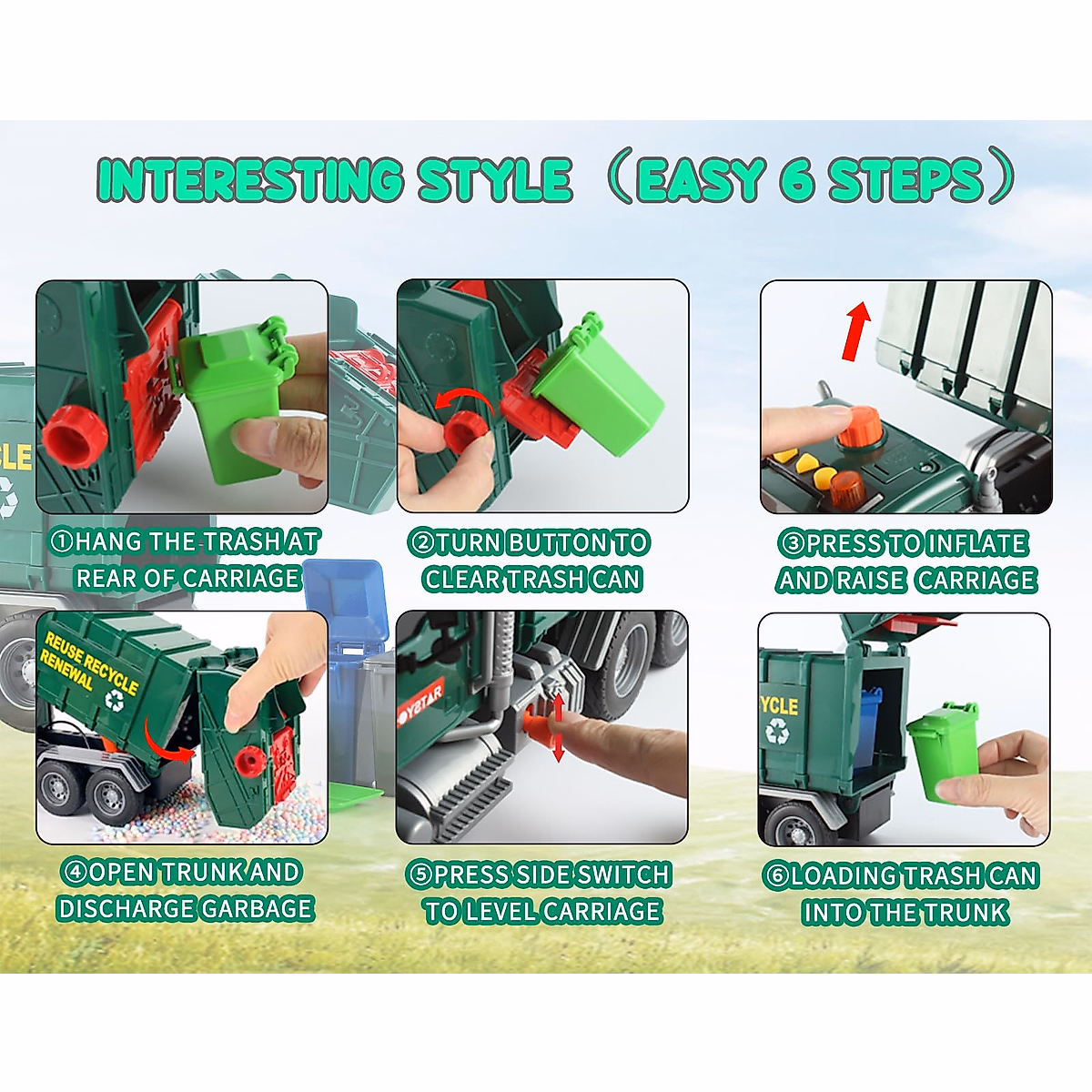 ANJARU 15" Garbage Truck Toy,Dump Friction Powered Waste Management Recycling Trash Truck with Lights &Sounds,3 Trash Can Lifter Gifts Toddler Toys for 3 + (Garbage Truck)