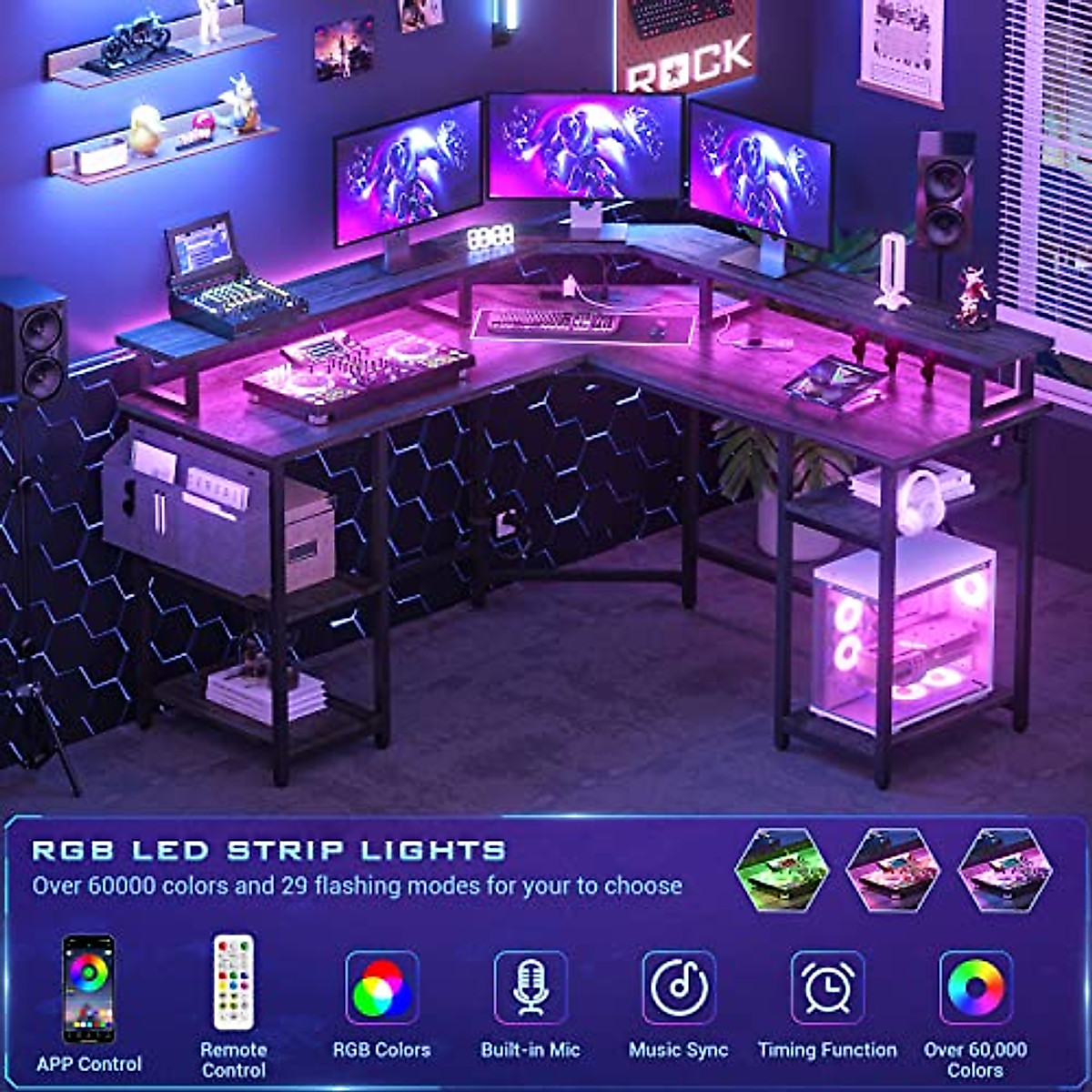 Aheaplus L Shaped Gaming Desk with Power Outlets & LED Lights, L- Shaped Desk Computer Corner Desk with Monitor Stand and Storage Shelf, Home Office Desk Writing Desk with Storage Bag, Grey Oak