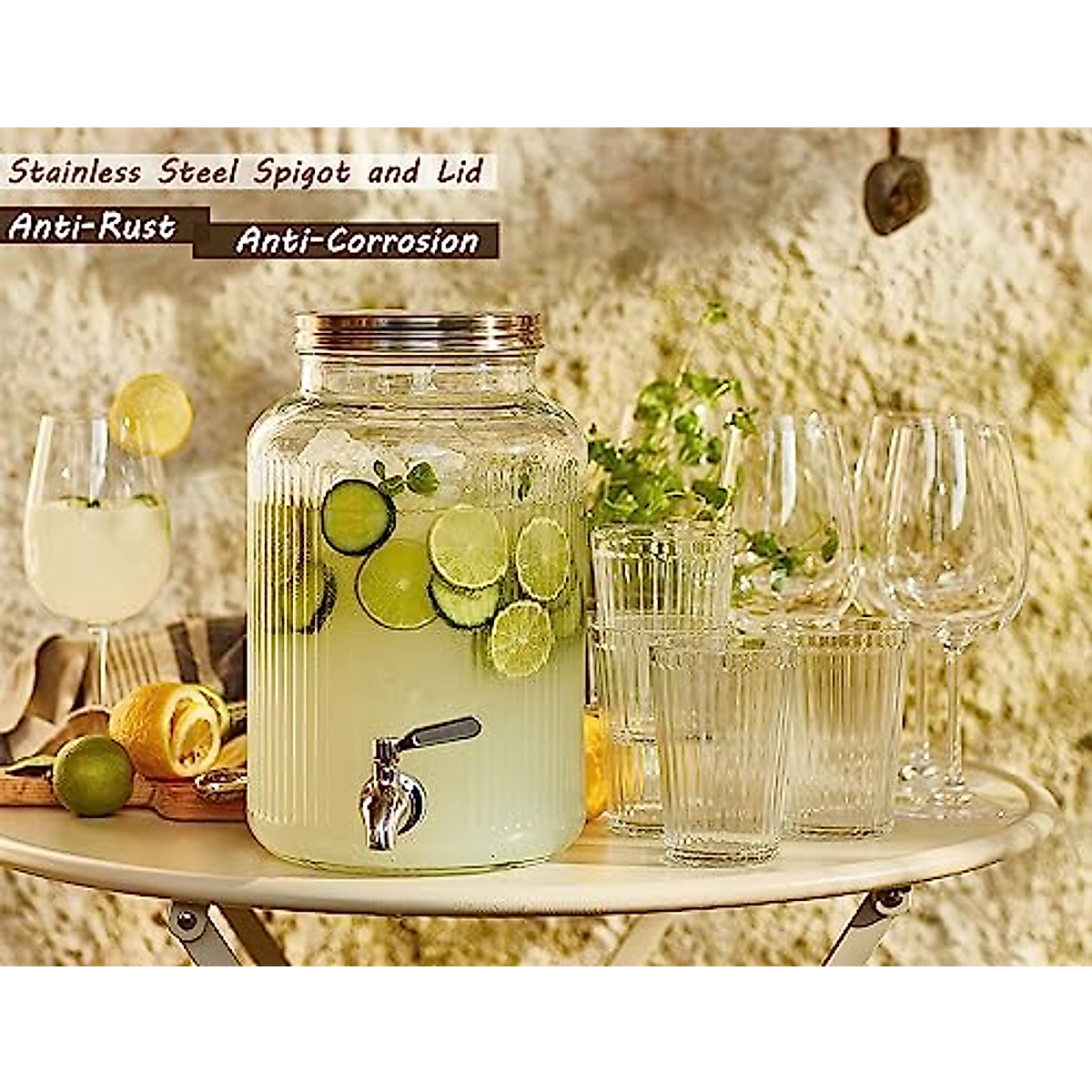 Mapeoes 1.5 Gallon Glass Beverage Drink Dispenser with 304 Stainless Steel Spigot and Lid, Temperature Sticker for Brew Kombucha Wine,Large Mason jar Container for Juice Water at Party Fridge,Clear