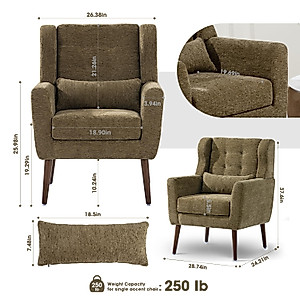 cinkehome Accent Arm Chairs for Living Room, Chenille Upholstered Mordern Armchair, Comfy Soft Padded Lounge Chair in Small Spaces, Bedroom, Pillow, Solid Wood Leg, Olive Green
