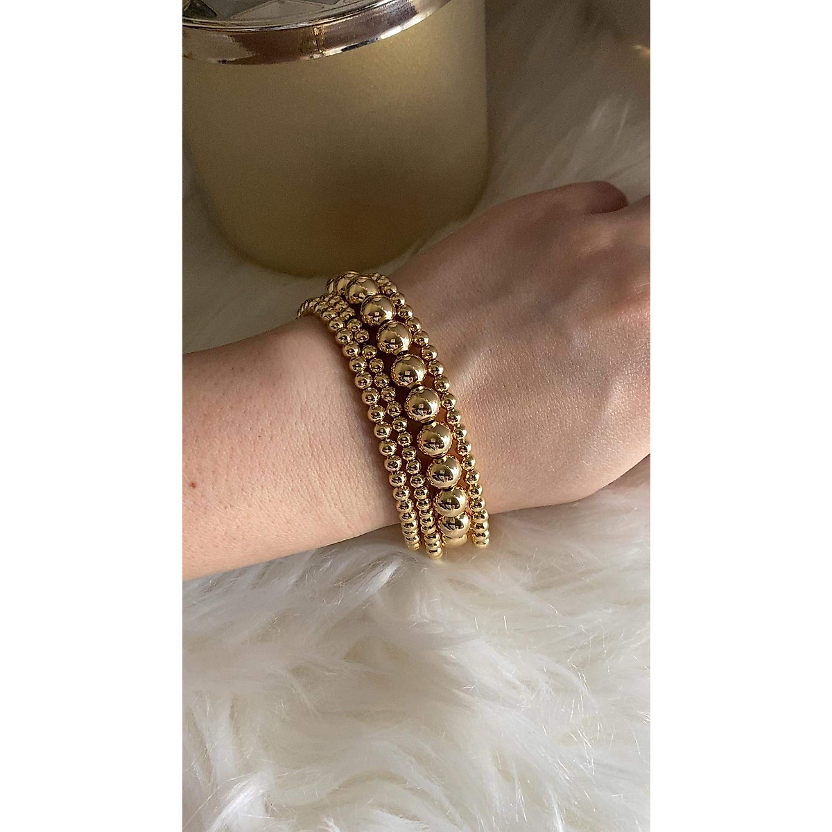 GLBCC Gold Beaded Bracelet Set for Women Stack 14 K real Gold Plated Ball Bracelets Elastic String Bracelet 4 mm 5 mm 6mm Small Beads Friendship Bracelet for Men (gold)