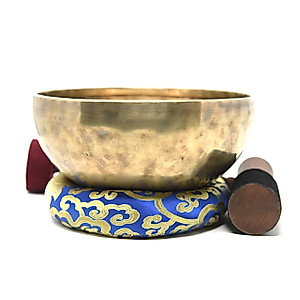 8" Large Hand-hammered Tibetan Singing Bowl for Meditation, Healing, Mindfulness, Relaxation ~ Antique Finished Bowl, Wooden Mallet, drum-stick, Silk Made Cushion