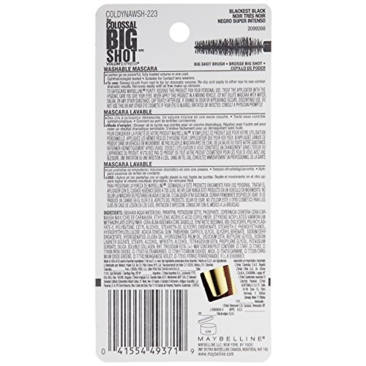 Maybelline New York Volum' Express The Colossal Big Shot Washable Mascara, Blackest Black, 0.33 fl. oz.