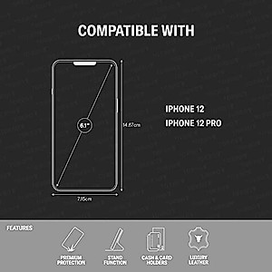 TORRO Leather Case Compatible with iPhone 12 / iPhone 12 Pro – Genuine Leather Wallet Case/Cover with Card Holder and Stand Function (Dark Brown)