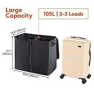 Lifewit 105L Double Laundry Hamper with Lid and Removable Laundry Bags, Divided Laundry Basket with Handles, Large Separated Clothes Basket for Bedroom, Bathroom, College Dorm, Laundry Sorting, Black