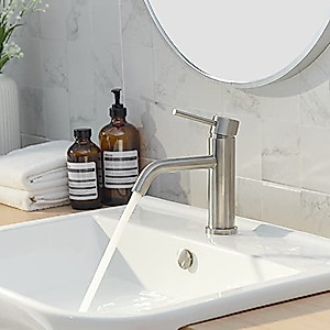 BATHLAVISH Bathroom Sink Faucet Brushed Nickel Single Hole Single Handle Modern Vanity Lavatory Mixer Tap RV Deck Mounted with Pop Up Drain with Overflow Combo