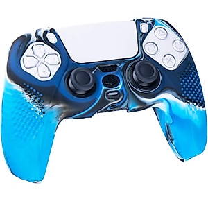 9CDeer 1 Piece of Silicone Studded Dots Protective Sleeve Case Cover Skin + 6 Thumb Grips Analog Caps for PS5 Controller, Camouflage blue