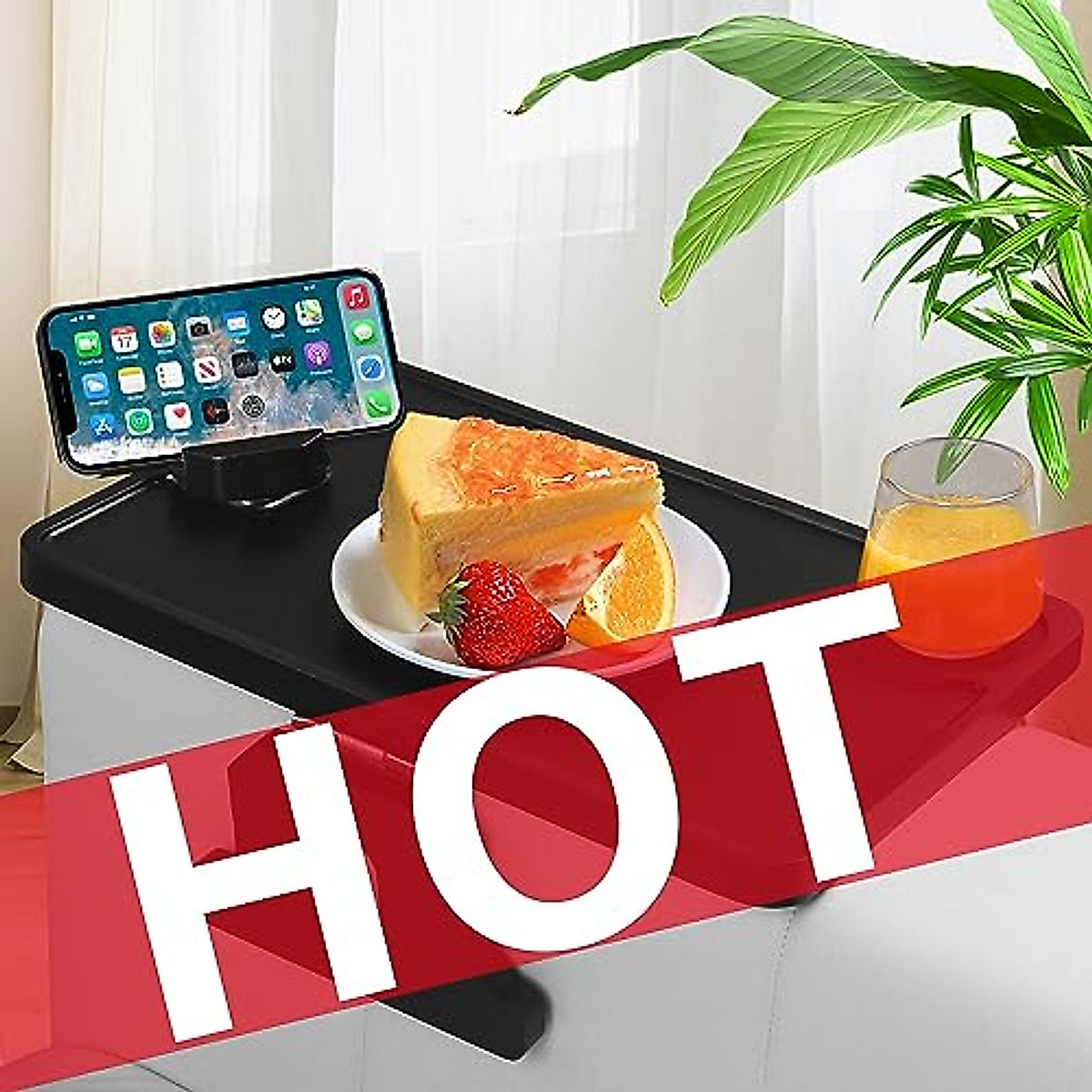 Large Size Couch Arm Tray - 15x9.8" Strong Wood Foldable Sofa Side Clip Tray with 360° Rotating Phone Holder, Armrest Tray for Eat, Drink, Cup, Snack, Remote Control, No Installation Required