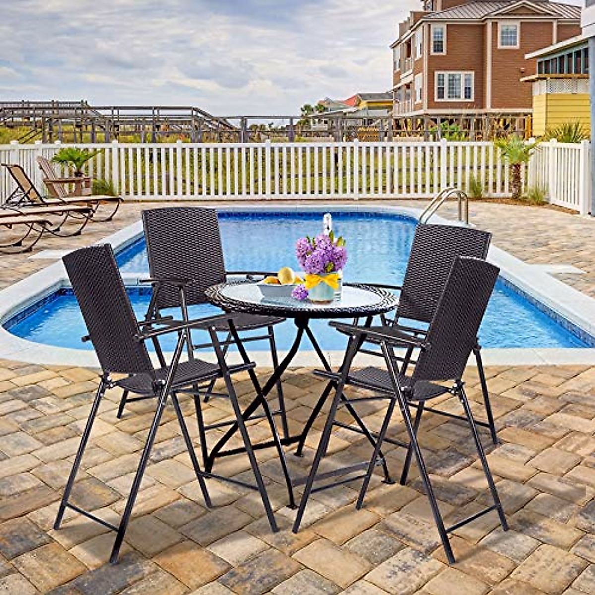 Casart Folding Wicker Rattan Bar Chairs Set of 4 Tall Stool with Back,Steel Frame,Armrests and Footrest Bar Stools Garden Patio Furniture Set