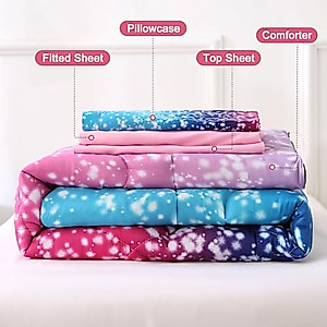 Wowelife 4 Piece Galaxy Toddler Bedding Sets Star Toddler Comforter Sets Pink Blue for Girls and Boys Gradient Glitter Comforter Sheet Set with Comforter, Fitted Sheet, Flat Sheet and Pillowcase