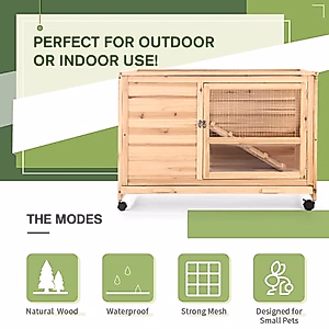 YOLENY Rabbit Hutch, Wooden Small Animal Cage, Bunny Hutch Indoor Rabbit Cage, Outdoor Guinea Pig Cage Hedgehog Cage, Removable Tray, Safety Lock, Galvanized Mesh Wires, Access Ramps