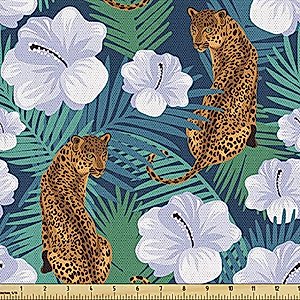 Ambesonne Tropical Fabric by The Yard, Floral Jungle and Leopards Hibiscus Blossoms Rainforest Wildlife Flora Theme, Decorative Fabric for Upholstery and Home Accents, 1 Yard, Multicolor