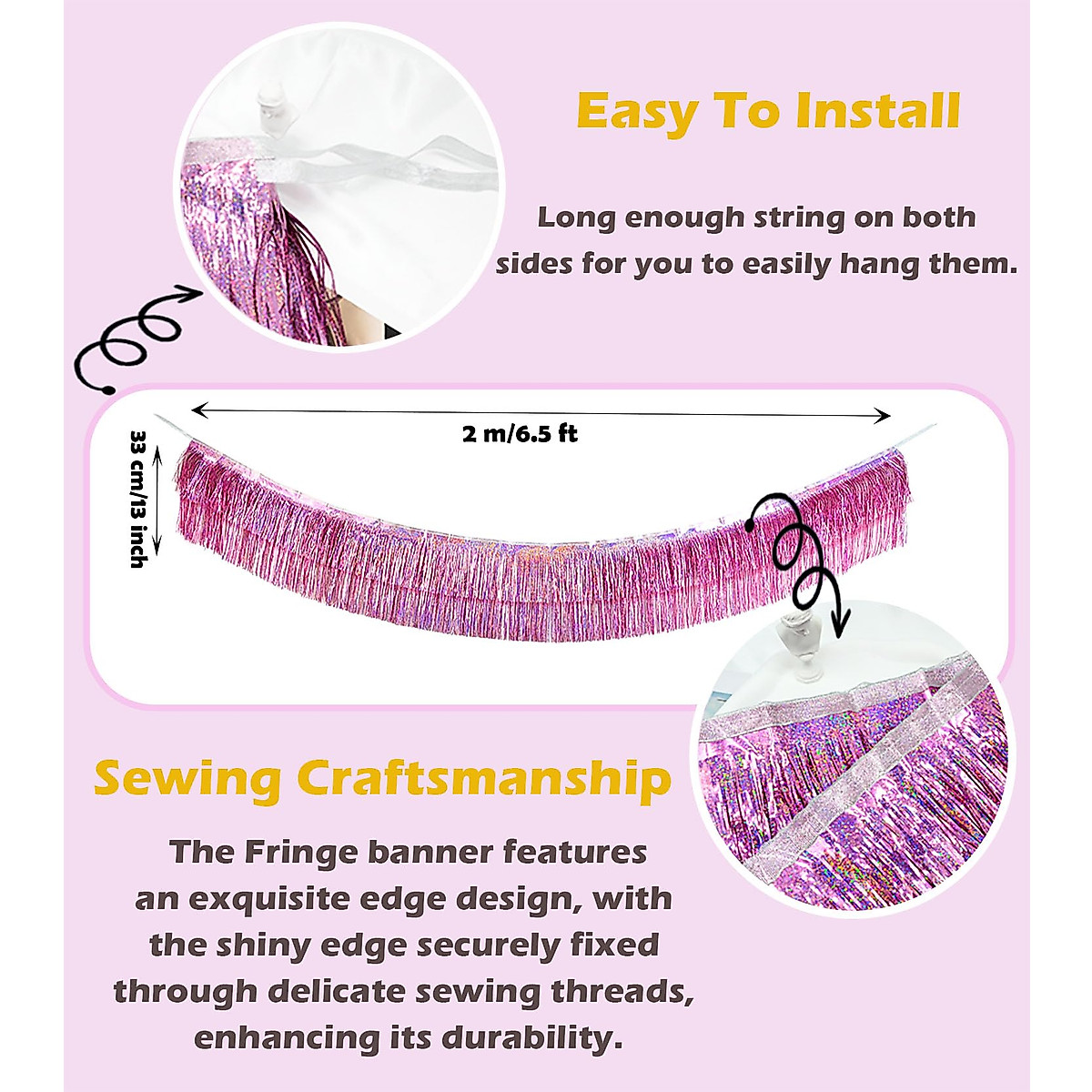 Sharonlily 2 Pack Glitter Pink Foil Fringe Garland-4 Layers Thick | Shiny Metallic Tinsel Streamers, Hanging Fringe Banner for Wedding Christmas Decoration Home Hanging Parade Floats