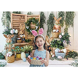 Allenjoy 7x5ft Spring Easter Backdrop Hare Rabbits Colorful Eggs Rustic Wood Floor Photography Background for Kids Children Newborn Baby Shower Birthday Party Decor Banner Portrait Photo Booth Props