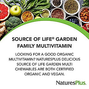 Natures Plus Source of Life Garden Certified Organic Family Chewable Multivitamin - 60 Vegan Chewables - Mixed Berry Flavor - for Adults & Children - Vegetarian, Gluten-Free - 30-60 Servings