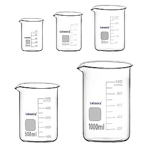 Labasics Glass Beaker Set, Borosilicate Glass Graduated Low Form Griffin Beakers in 5 Sizes, 50 ml/100 ml/250 ml/500 ml/1000 ml (1 L), Combo Pack