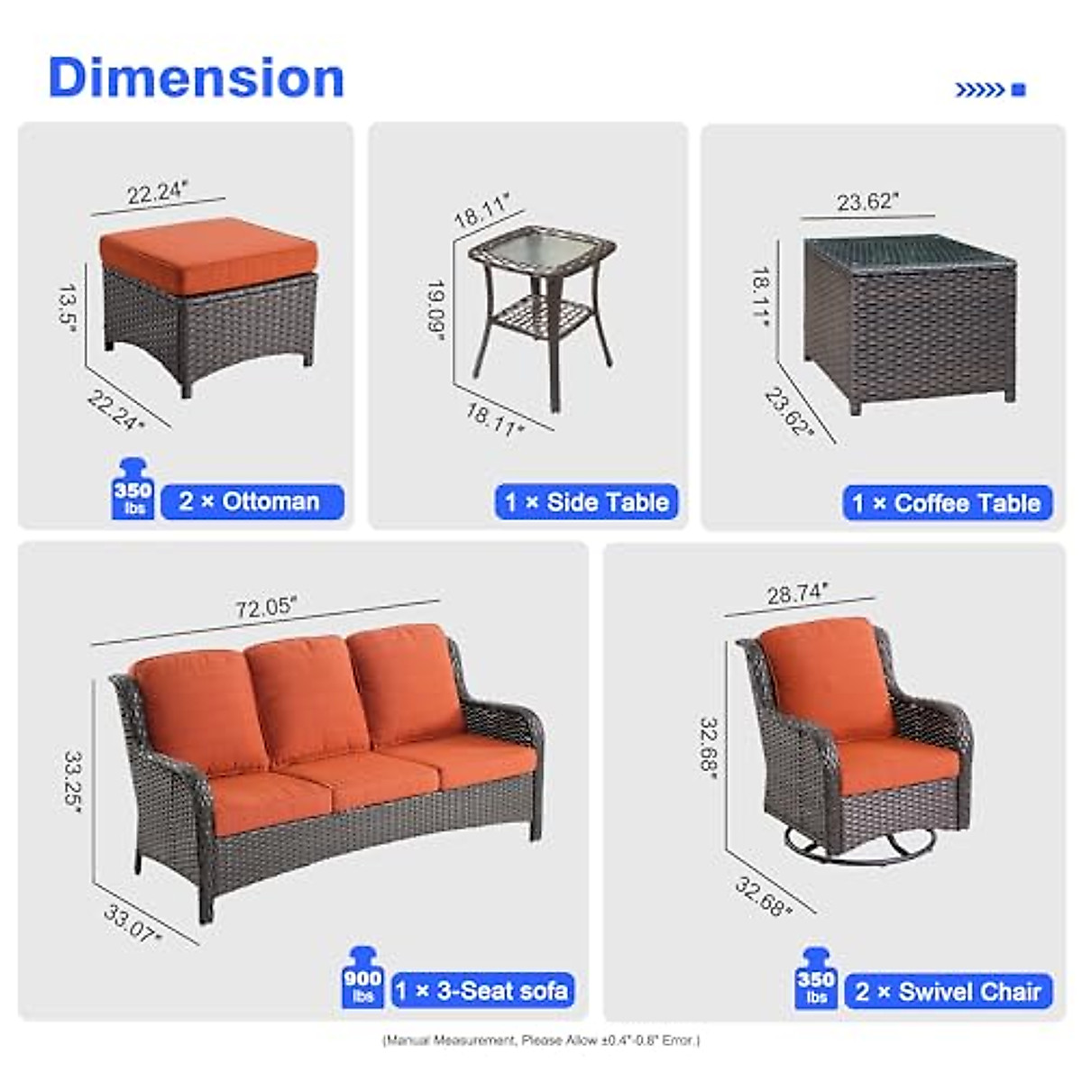 XIZZI Patio Furniture Set Outdoor All Weather Wicker 7 Pieces Conversation Sofa with High Back Swivel Rocking Chairs Matching Side Table,Ottomans and Coffee Table,Brown Wicker Orange Red