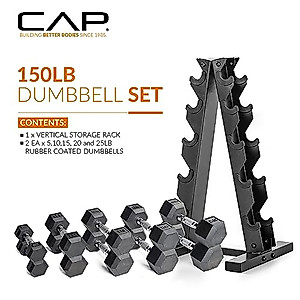 CAP Barbell 150 LB Coated Hex Dumbbell Weight Set with Vertical Rack, Black, New Edition