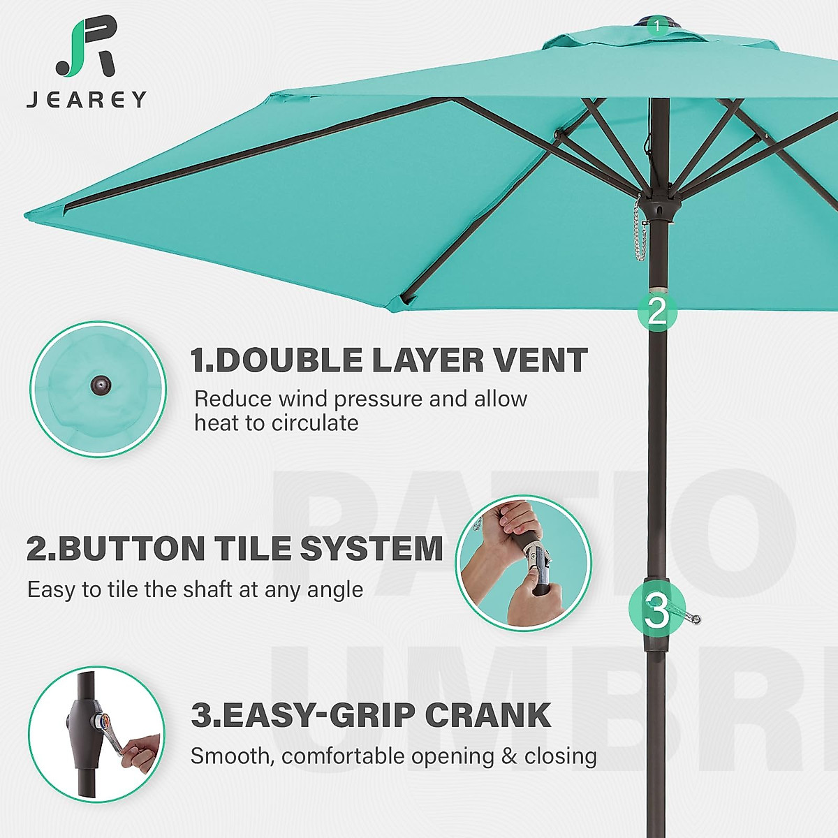 JEAREY 7.5FT Patio Umbrella Market Table Umbrella with 6 Sturdy Ribs, Push Button Tilt/Crank Outdoor Umbrella for Garden, Deck, Backyard, Pool and Beach,Teal Blue