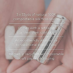 Biodegradable Dental Floss by TreeBird | Refillable & Reusable Zero Waste Steel Dispenser | 3x33yd Waxed Natural Cruelty Free Peace Silk Spools | 100% Compostable | Eco Friendly Plastic Free Oral Care