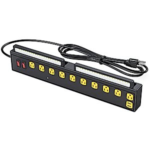 15A Power Strip with LED Work Lights, Surge Protector 10-Outlet Workbench Power Outlets 2 USB, ETL Listed Bench Cabinet Power Strip, 6.56ft Cord