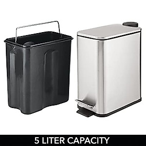 mDesign Slim Metal Rectangle 1.3 Gallon/5 Liter Trash Can with Step Pedal, Easy-Close Lid, Removable Liner - Narrow Wastebasket Garbage Container Bin for Bathroom, Bedroom - Brushed Stainless Steel