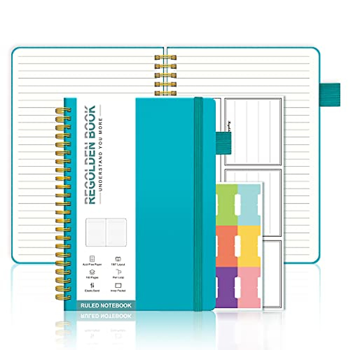 Regolden-Book Spiral Ruled Notebook, Ruled Lined Hardcover Journal for Note Taking, 100Gsm Thick Paper with Pocket for Men & Women School/College/Work/Office, 160 Pages, 5.5x8.5, (Teal)