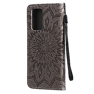 SATURCASE Case for Oppo Reno 6 Pro 5G, Sun Flower Embossing PU Leather Flip Magnet Wallet Stand Card Slots Protective Cover with Hand Strap for Oppo Reno 6 Pro 5G (Gray)