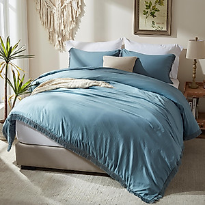 SunStyle Home Blue Grey Duvet Cover Queen Size,3pcs Washed Microfiber Bedding Set,Soft Breathable Tassel Duvet Cover Set with Zipper Closure and Corner Ties for All Seasons (No Comforter)