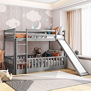 Merax Twin Over Twin Bunk Bed with Slide and Ladder, No Box Spring Needed, Gray