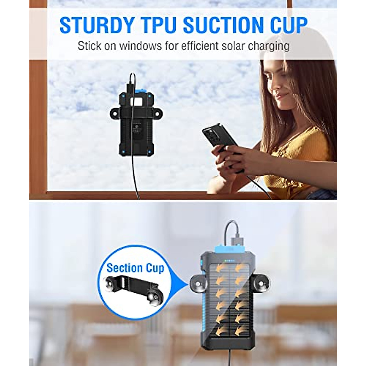 MetFut Solar Power Bank 38800mAh, Solar Charger with Suction Cup Mount Three Modes Flashlight-Steady/SOS/Strobe IPX7 Waterproof/Dustproof/Shockproof External Battery Pack 3 USB Charging Ports(Blue)