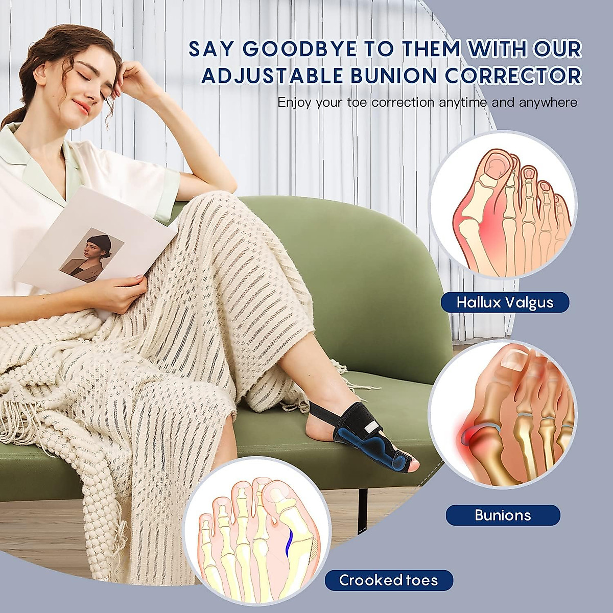 Bunion Corrector Men & Women: 2 Pcs Big Toe Straightener for Bunion Relief - Adjustable Orthopedic Hallux Valgus Corrector for Bunion Splint - Day/Night Support (Black)