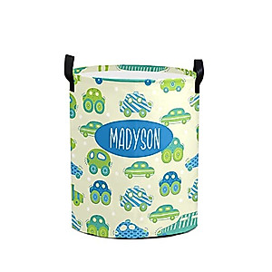 Personalized Laundry Basket with Name Custom Laundry Hamper for Boys Collapsible Durable Toys Organizer Storage Round Baskets Nursery Bedroom Decor (Car 01)