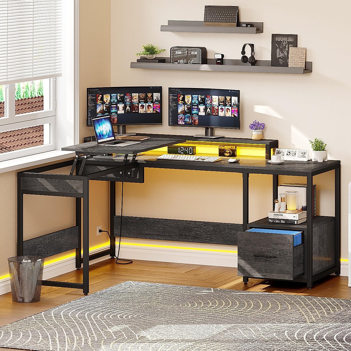YITAHOME L Shaped Desk with Power Outlets & LED Lights, 65" Large Computer Desk with File Drawer & Lift Top, Height Adjustable Standing Desk with Monitor Stand & Storage Shelves, Grey