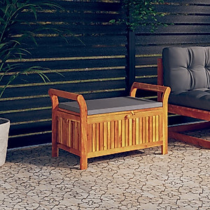loibinfen Wooden Outdoor Patio Storage Bench Large Deck Box with Brown Cushion 35.8"x19.7"x23.6" Solid Wood Acacia Storage Box Deck Box with Seat for Garden, Balcony, Porch, Pool,Yard