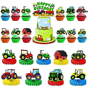 34 PCS Red Green Farm Tractor Table 9 PCS Honeycomb Centerpieces Themed Birthday And 25 PCS Cake Topper Cupcake Toppers Decorations Supplies Favors For Kids Boys Girls Teen Baby Shower Photo Booth