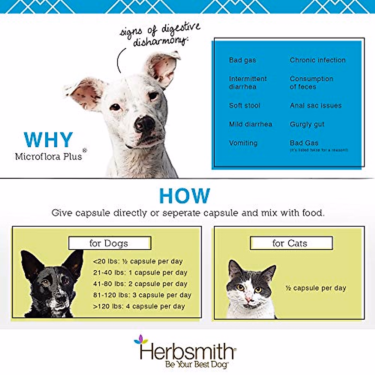 Herbsmith Microflora Plus – Dog Digestion Aid –Probiotics and Digestive Enzymes for Dogs – Prebiotic for Dogs – 120 Capsules