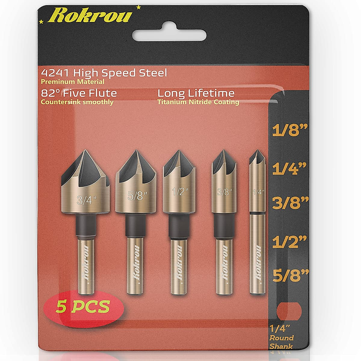 Countersink Drill Bit Set 5PCS 4241 HSS 82 Degree 5 Flute 1/4 Inch Round Shank Mill Cutter Bit Sizes 1/4 3/8 1/2 5/8 3/4 Drill Bits