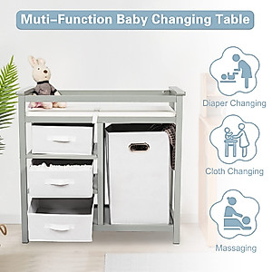 Baby Changing Table - Changing Station with Laundry Hamper, 3 Storage Baskets, and Pad, Multi Storage Nursery Changing Table for Infants or Babies (Light Grey)